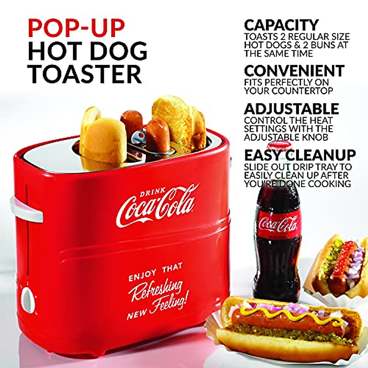 Nostalgia Coca-Cola 2 Slot Bun Mini Tongs, Hot Dog Toaster Works with Chicken, Turkey, Veggie Links, Sausages and Brats, Retro Red