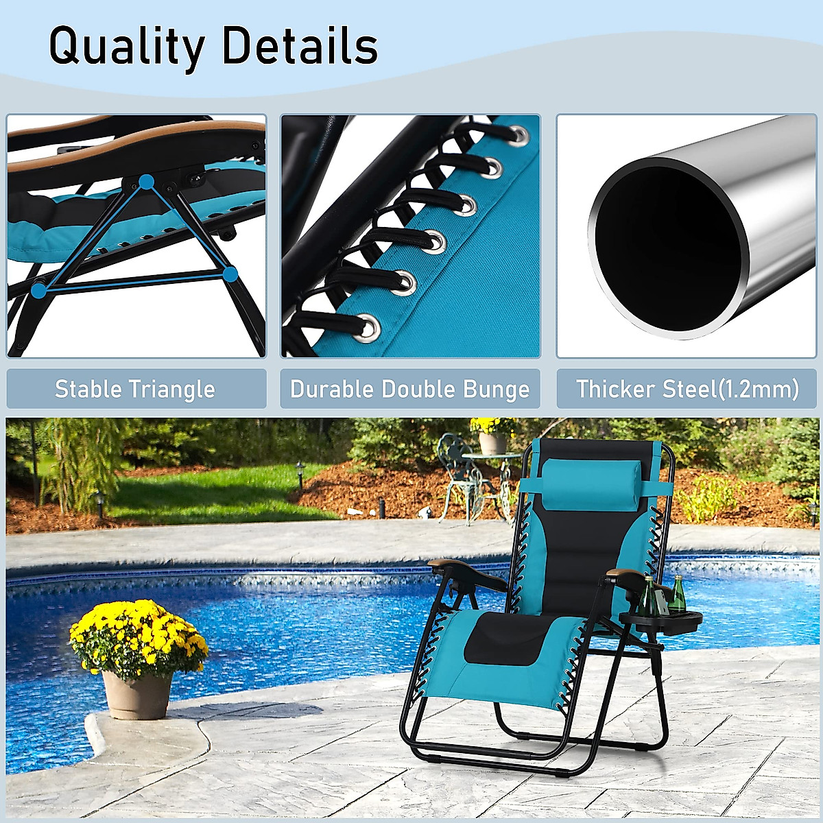 PHI VILLA XXL Oversized Padded Zero Gravity Chair, Foldable Patio Recliner, 30" Wide Seat Anti Gravity Lounger with Cup Holder, Support 400 LBS (Aqua)