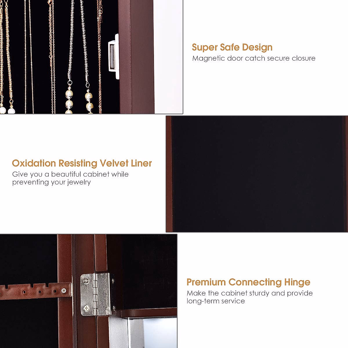 Giantex Jewelry Armoire Cabinet Wall Door Mounted with Full Length Mirror, Jewelry Organizer with Makeup Mirror, Ring Earring Slots, Necklace Hooks, Large Capacity Storage Jewelry Armoire (Brown)