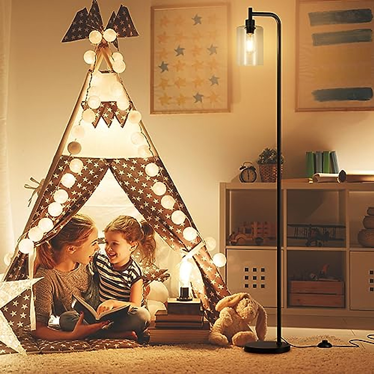 Ziisee Floor Lamps for Living Room - Standing Lamp with Glass Lampshade, Modern Floor Lamp with LED Bulbs, Bright Industrial Floor Lamp for Bedroom, Black Tall Lamp for Office(Light Bulb Included)