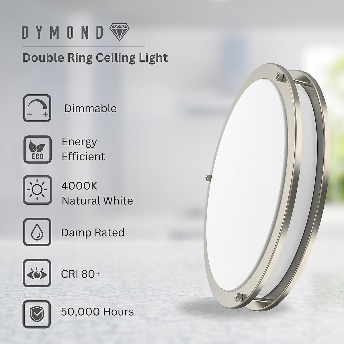 DYMOND LED Ceiling Light Fixture Flush Mount 4000K Natural Daylight Dimmable Surface Mount Brushed Nickel Ceiling Lamp for Kitchen, Hallway, Bathroom, Bedroom, Closet (12 Inch) (1 Pack)