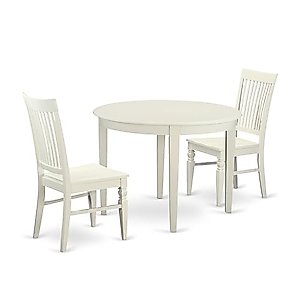 East West Furniture BOWE3-WHI-W 3 Piece Dining Table Set for Small Spaces Contains a Round Kitchen Table and 2 Dining Room Chairs, 42x42 Inch, Linen White