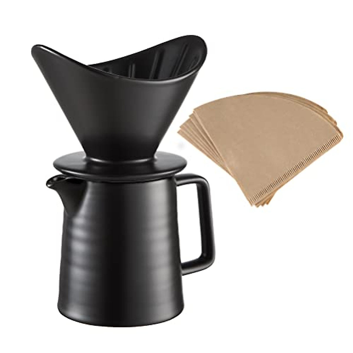 Ceramic Pour Over Coffee Maker, V60 Dripper & Decanter, Hand Brewer Durable Pot, Cone Funnel Coffee Drip with Black Coffee Filter Pot 1-2 Cup