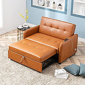 ERYE 3 in 1 Faux Leather Upholstered Sofa Loveseat Convertible Sleeper Couch Bed,Modern 2-Seaters Love Seat Sofa&Couch Functional Daybed with USB Charging Ports for Small Space Living Room