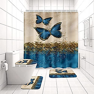 4 Pcs Shower Curtain Set,Blue Butterfly Gold Luxury Abstract Art Painting Modern Wall Art Shower Curtain with Non-Slip Rugs,Toilet Lid Cover and Bath Mat,Bathroom Sets Decorations 72" x 72"