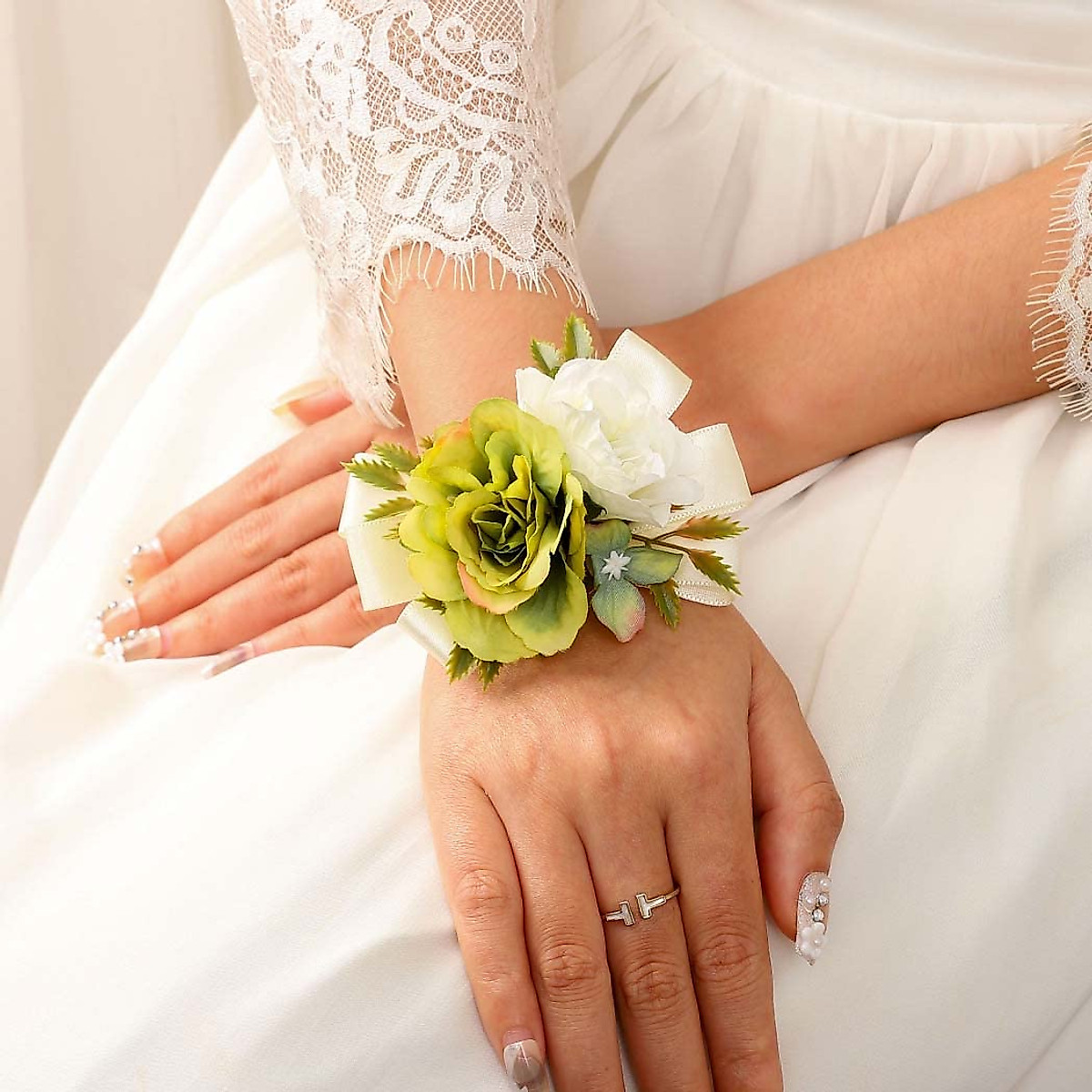 CASDRE Bride Wedding Wrist Corsage Bridal Hand Flower Pearl Corsage Wristlet Wedding Accessories for Women and Girls (Green)