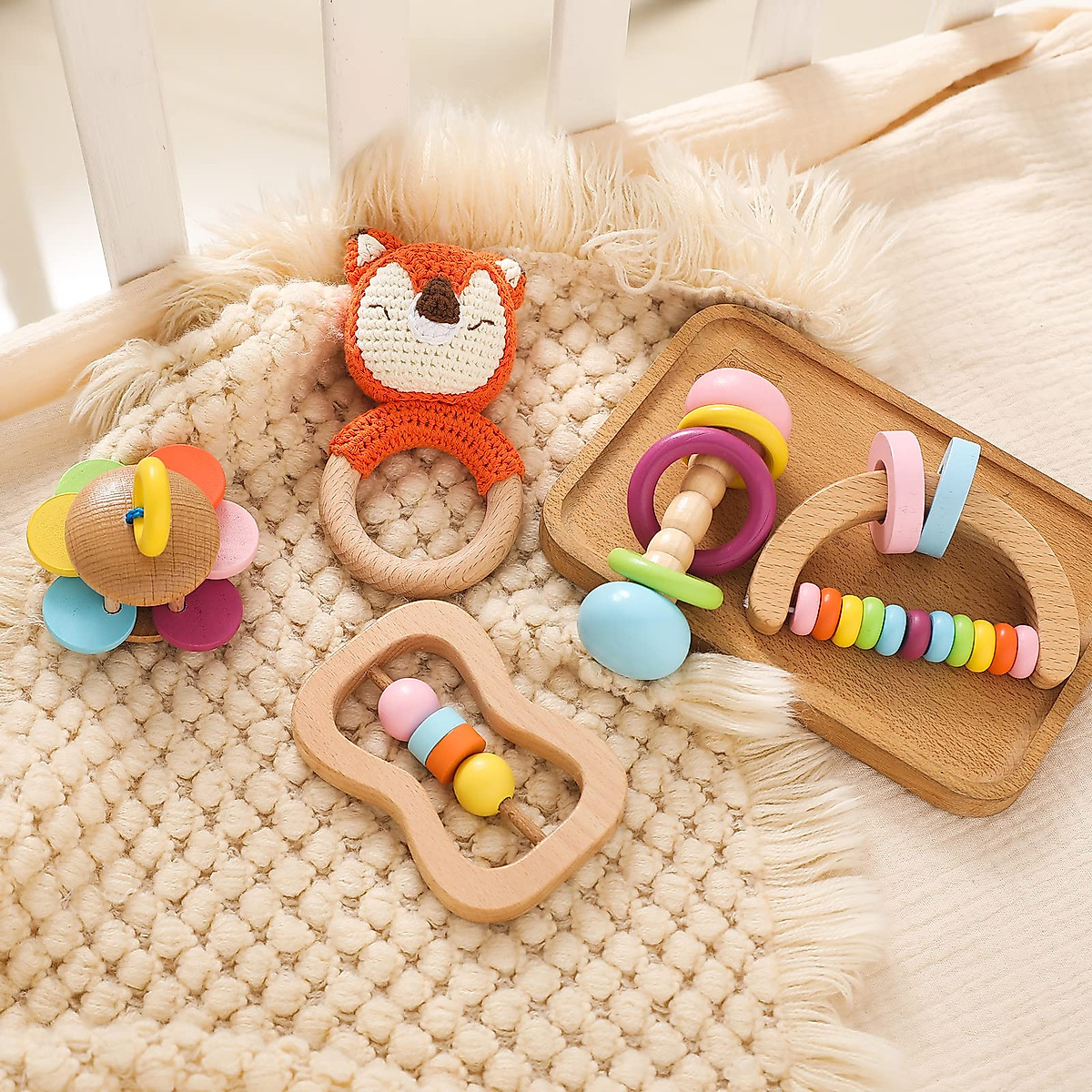 Baby Teething with Wooden Ring Beech Baby Teething Ring 5 PCS Wooden Ring Toy for Baby Wooden Teether with Gift Box