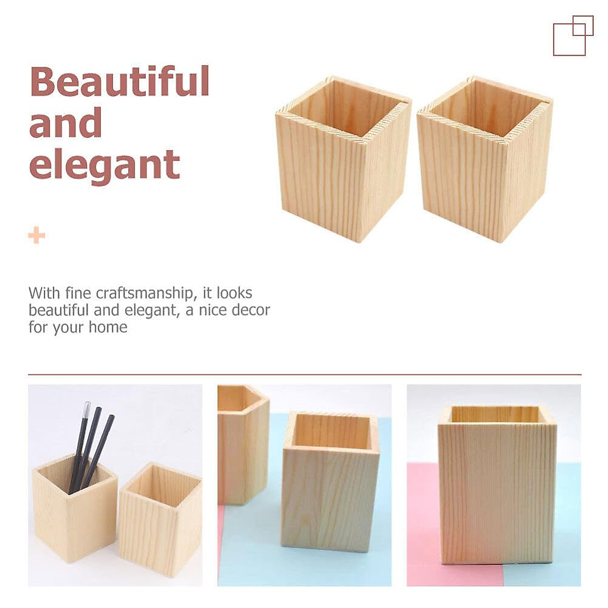 Garneck 2Pcs Wooden Pen Holder Stylish Desk Pencil Holder Diy Stationery Organizer Sturdy Holder For Cosmetics, Toothbrushes, Kitchen Utensils And Succulents