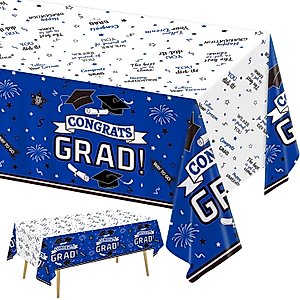 Oigco Tablecloth, 3 Pack Blue Rectangular Graduation Party Table Cloths, 54'' x 108'', Class of 2024 PE Plastic, Lightweight, Pleated Corners, All-Season