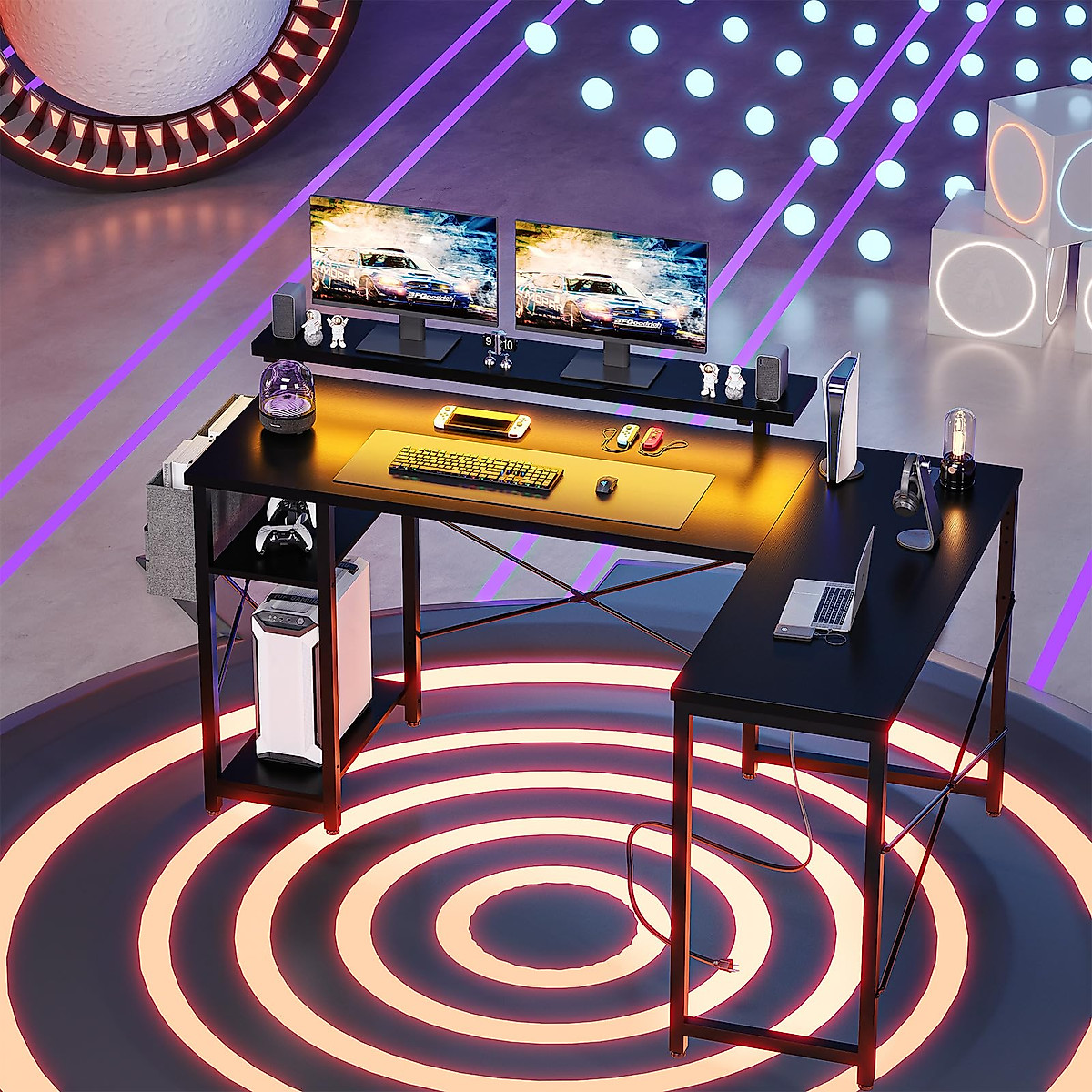 Jojoka L Shaped Computer Gaming Desk with Power Outlet & LED Light, 54 Inch Reversible Modern Office Computer Desk, Corner Desk with USB Charging Port & Storage Bag (Black)