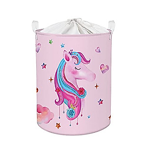 Clastyle 45L Pink Unicorn Kids Laundry Hamper Adorable Collapsible Laundry Basket with Drawstring Waterproof Toys Storage Basket with Handle, 14 * 17.7 in