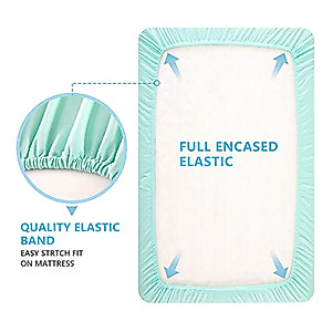 TILLYOU 2 Pack Mini Crib Fitted Sheets, Stretchy Soft Jersey Knit Portable Mini Pack n Play Playard, Playpen Bedding Sheet for Baby, Light Green & Light Gray