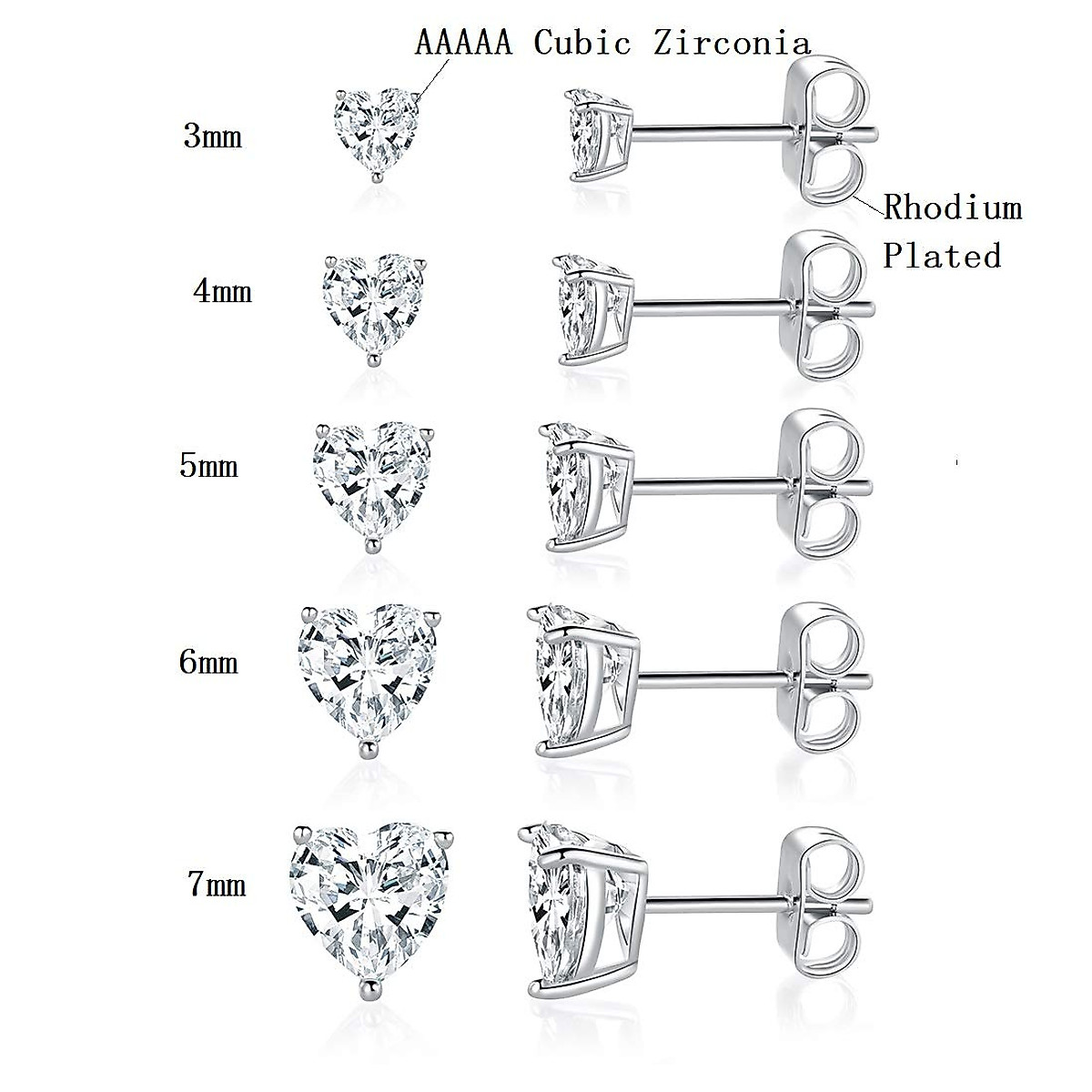 MDFUN 18K White Gold Plated Heart Shape Cut Cubic Zirconia Birthstone Stud Earring Pack of 5 Pairs (4-April-Diamond)