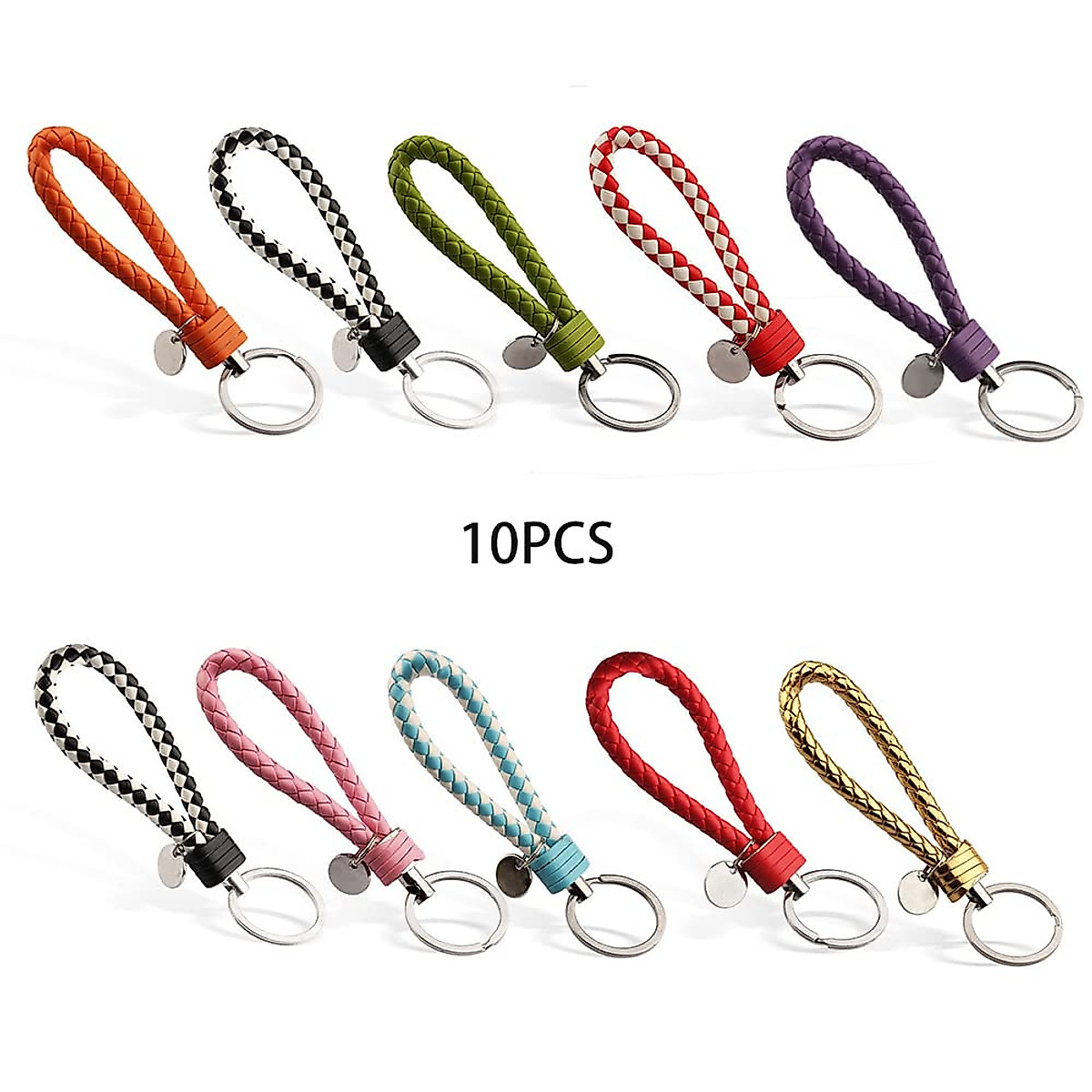 SEADEAR Braided Leather Keychain 10PCS Random Color Weave PU Key Pendant Car Key Ring Accessories for Car Key Purse Bag