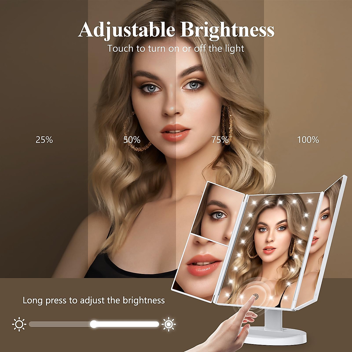 Makeup Mirror Vanity Mirror with Lights, 2X 3X 10X Magnification, Lighted Makeup Mirror, Touch Control, Trifold Makeup Mirror, Dual Power Supply, Portable LED Makeup Mirror, Women Gift (White+10X)