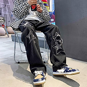 Vintage Men's Korean Denim Pants Y2K Cltohes Streetwear Printed Patchwork Male Baggy Jeans Straight Trousers (Black,2XL,XX-Large)