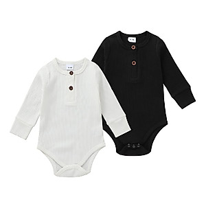 Lala Bear Baby Girl Boy 2 Pack Solid Long Sleeve Romper Bodysuit Clothes Black & White 12-18 Months