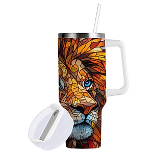Slewiaeky Cartoon Lion Spring 40 oz Tumbler with Handle Straw and Lid Wild Stainless Steel Vacuum Insulated Reusable Water Bottle Glasses Travel Mug Thermal Cup for Home Office Car