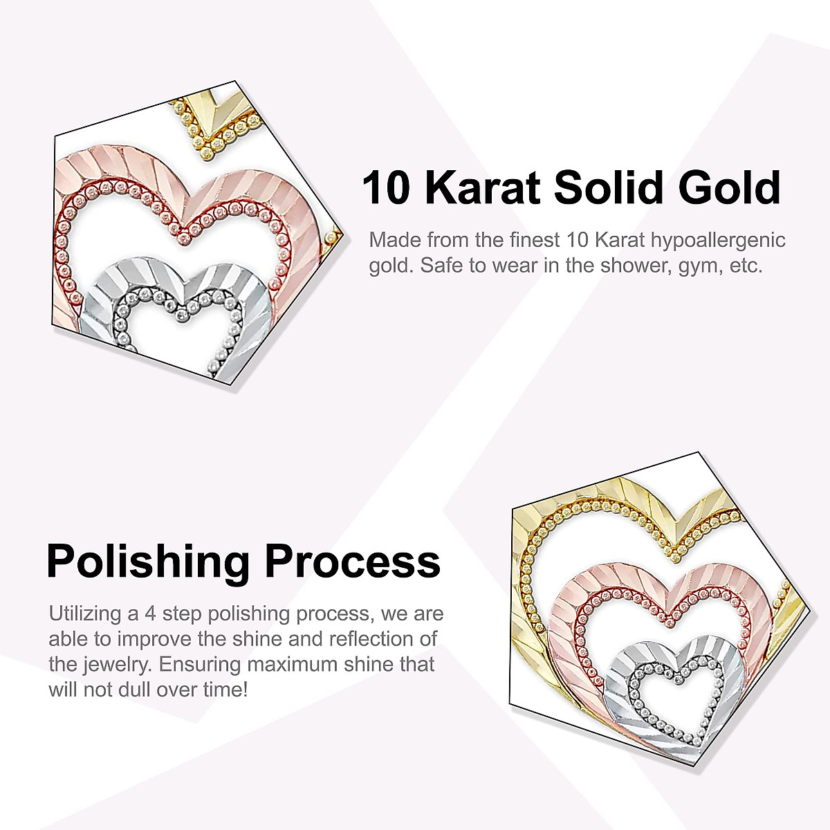 Gold Triple Heart Pendant Charm- 10 Karat Gold - Tri Color Heart Jewelry Charm - Heart Jewelry (Style 1)