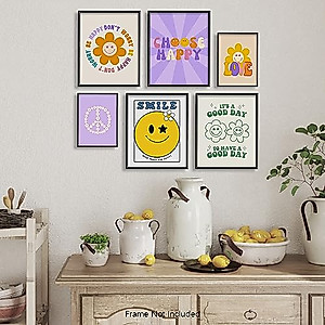 Cool Vintage Happy Smile Faces Picture - Don‘t Worry Choose Happy Good Vibe Aesthetic - Retro Cute Poster - Postive Quotes Wall Art Print - Hippie Indie Kidcore Room Decor - 60s 70s Groovy Love Art