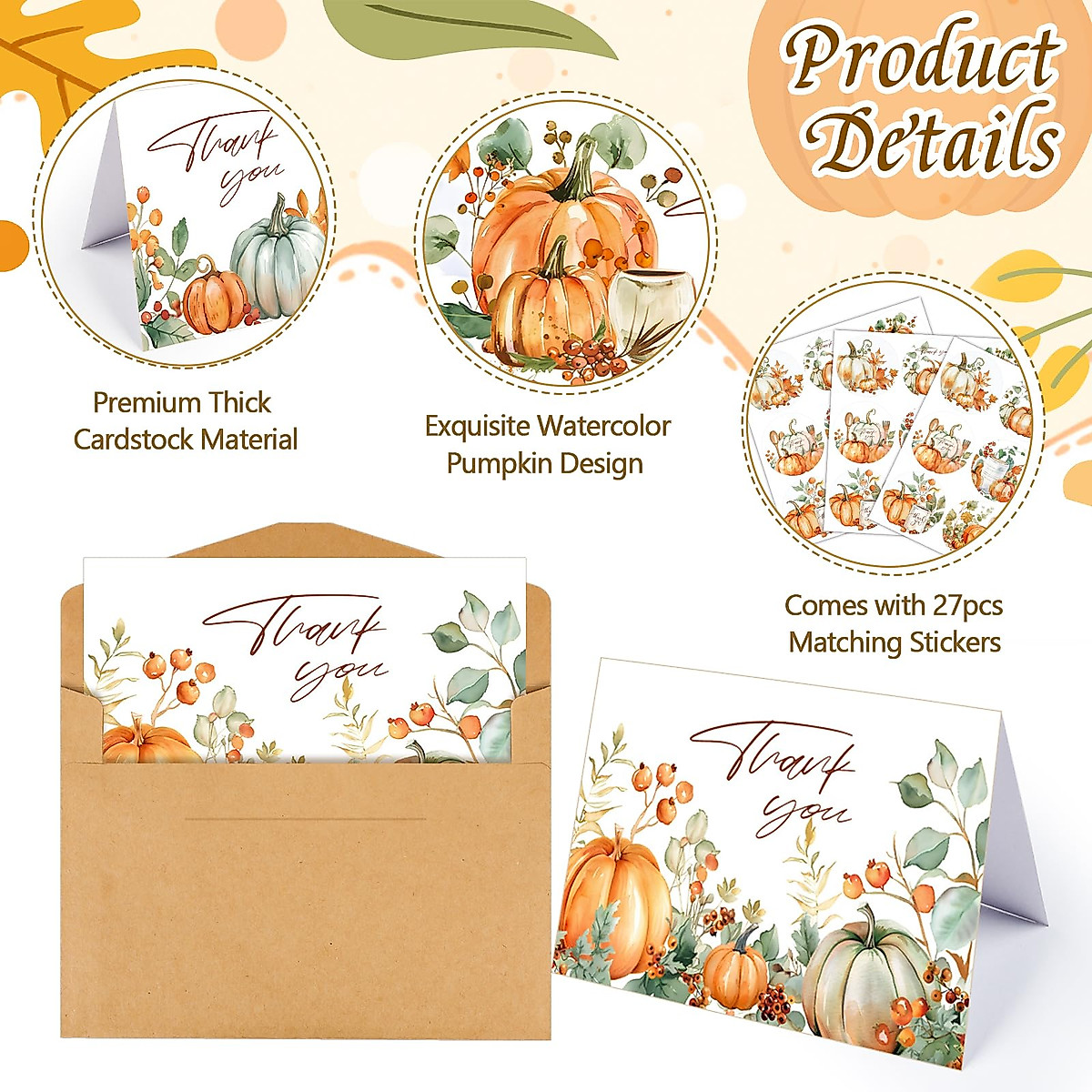 Konsait Pumpkin Thank You Cards, 24 Pack Watercolor Pumpkin Fall Thank You Cards with Envelopes and Stickers, 6 Design Bulk Thank You Cards for Thanksgiving Baby Shower Wedding