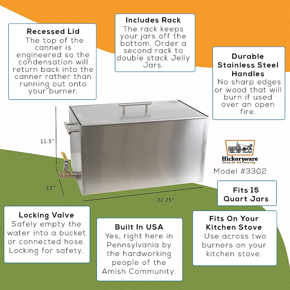 15 quart Jar Stove Top Water Bath Canner - Updated Style - Large Pot/With Drain Valve - Not Polished