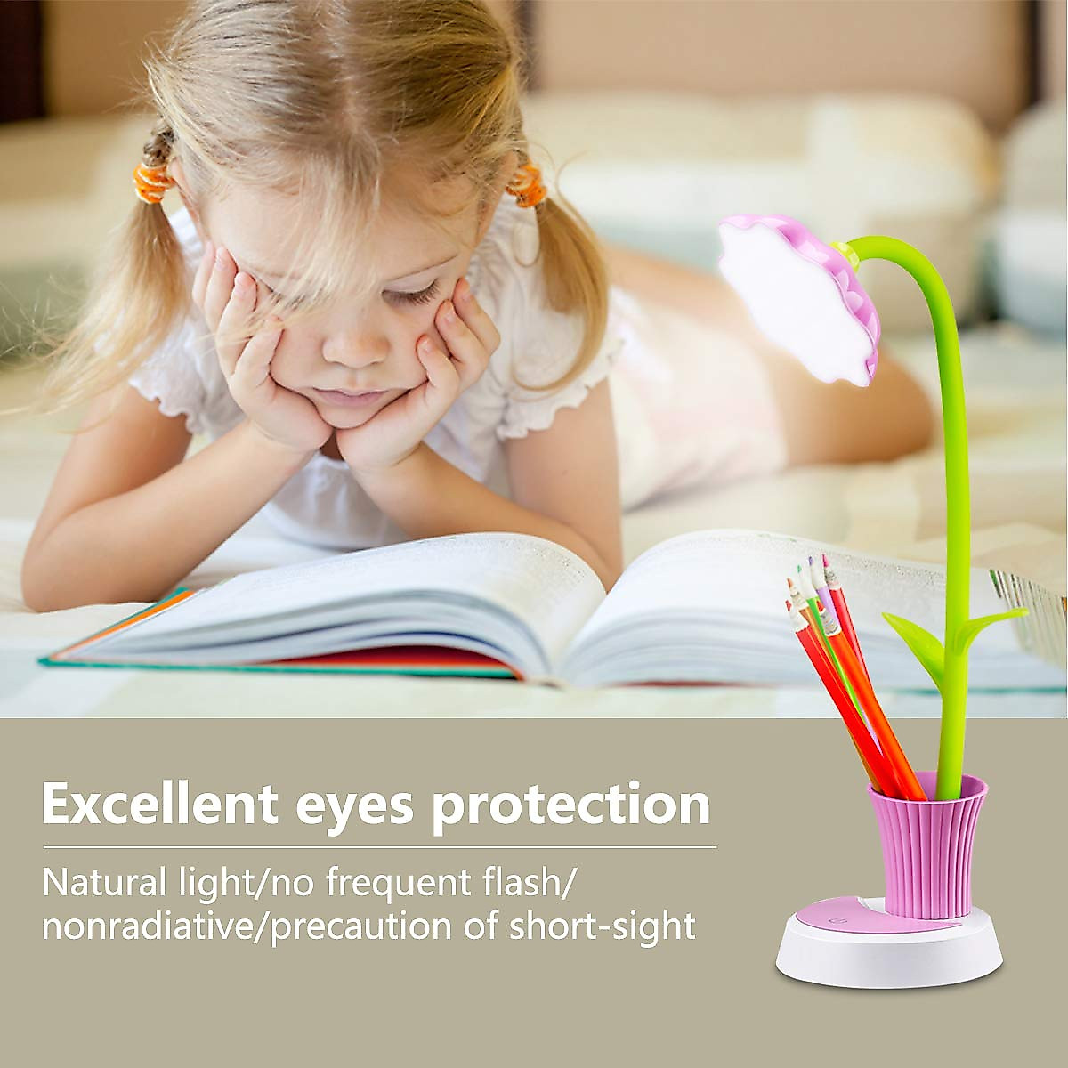 Desk Lamp for Kids - Uniwit Sunflower LED Charging Table Lamp Support Eye Protection Small Desk Folding for Reading,Study and Office, Adjustable Brightness - Pink