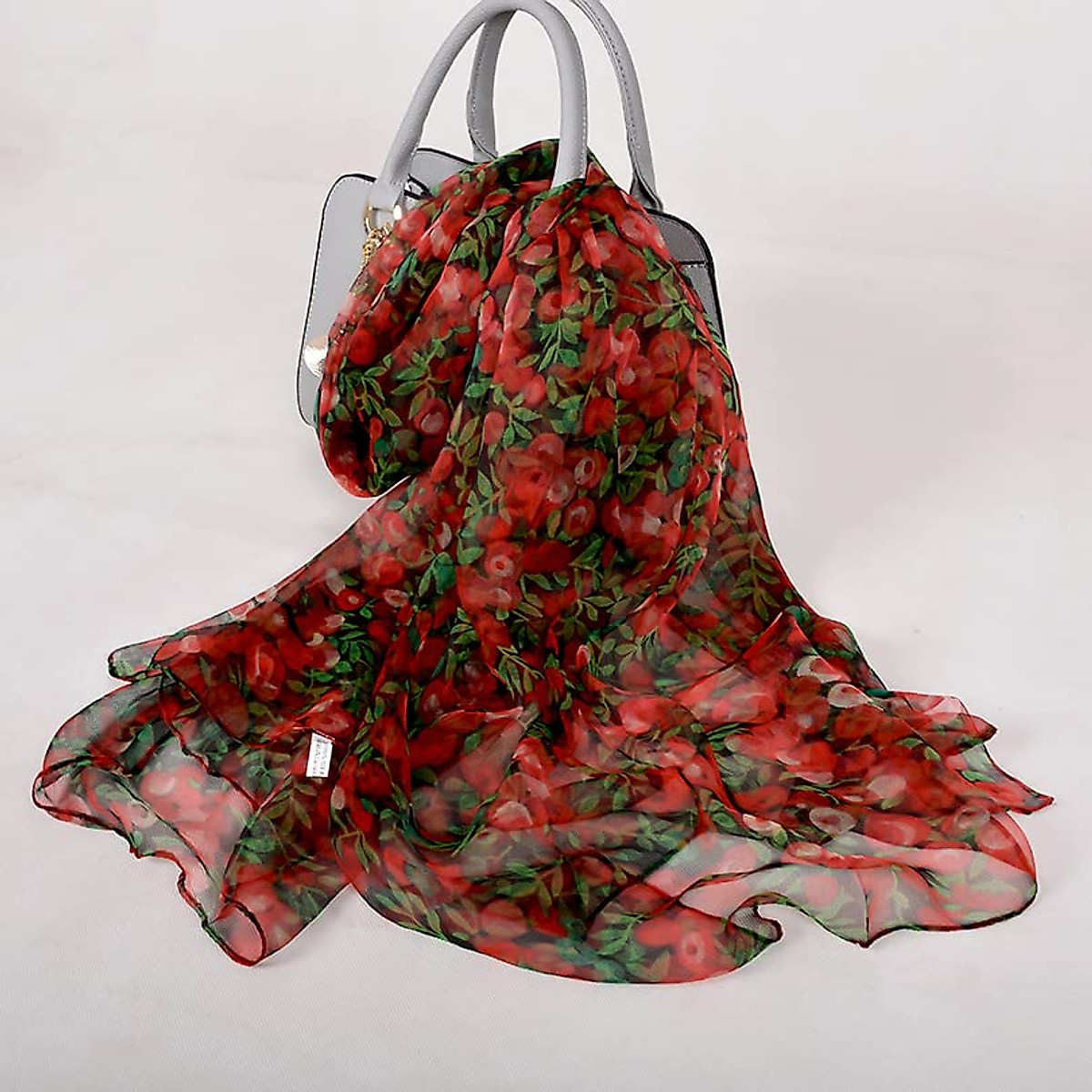 Green Silk Scarf Shawl Women Fall Winter Long Scarves Accessory Floral Design Neck Scarf Jujube red DFS11