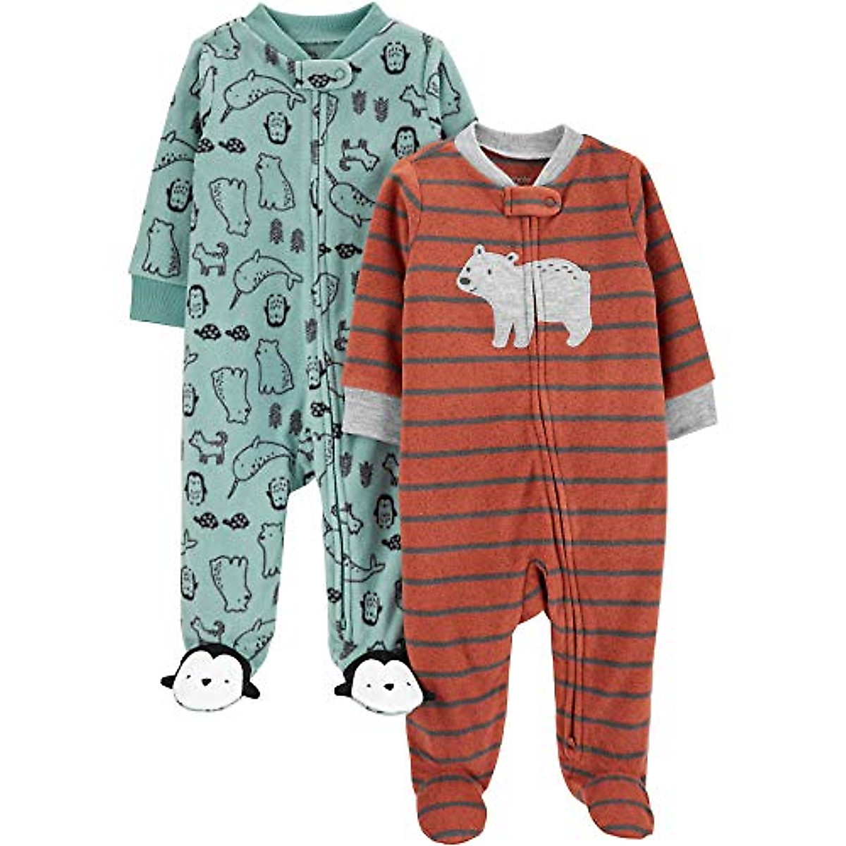 Simple Joys by Carter's Baby Boys' 2-Pack Fleece Footed Sleep and Play, Rust Stripe/Spruce Green Forest Animals, 3-6 Months