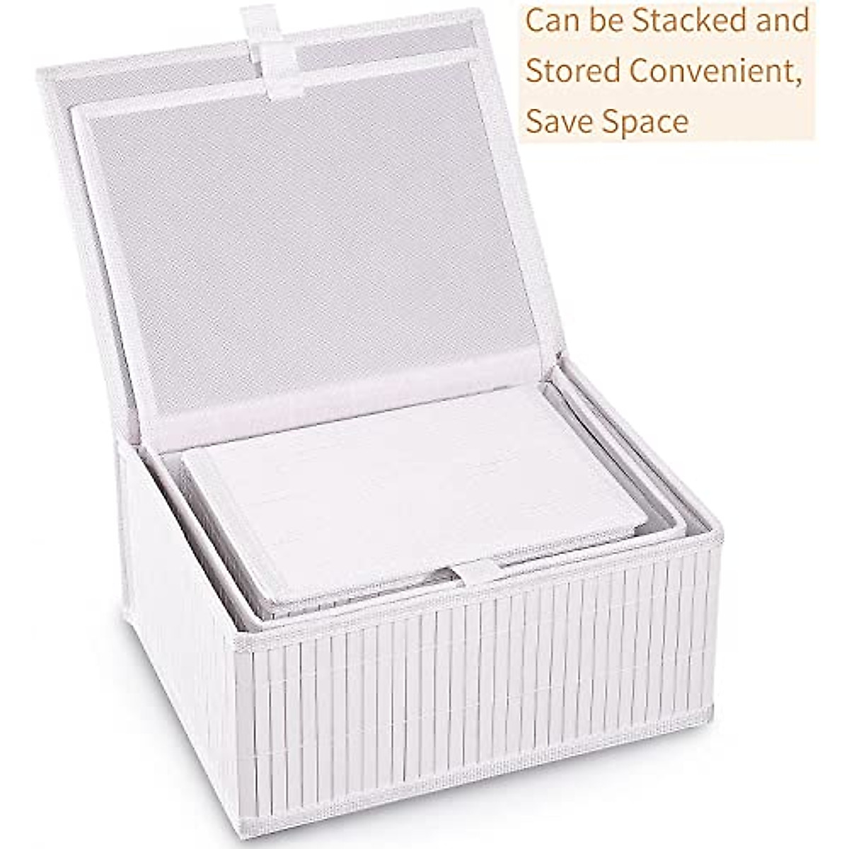 Honygebia Bamboo Decorative Storage Boxes - Set of 3 Woven Lined Storage Basket with Lids, White Wicker Lidded Baskets for Home Kitchen Shelf Organizer Decor