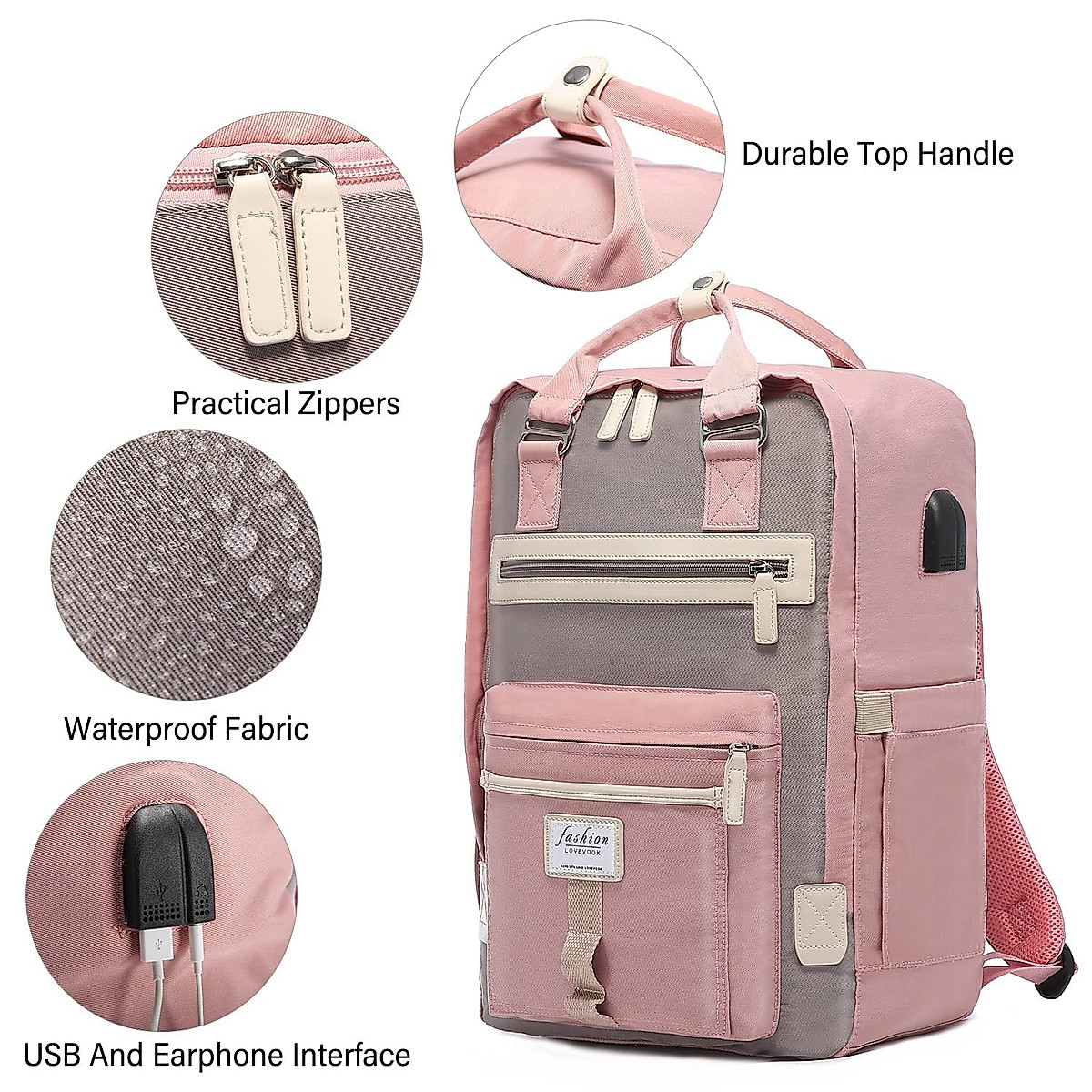 LOVEVOOK Laptop Backpack for Women Waterproof Travel Backpack with USB Charging Port 15.6 Inch