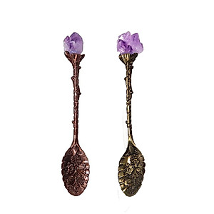 Leadigol 2pcs Retro Crystal Antique Spoon Coffee Spoon Tea Spoon,Amethyst Crystal Alloy Spoons,Mini Ice Cream Decorative Spoons, for Home Office