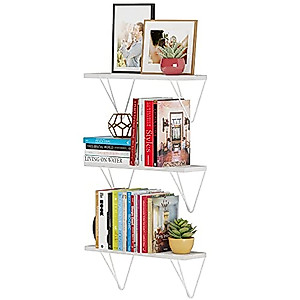Wallniture Colmar Washed White Floating Shelves for Wall, Wood Wall Shelves for Living Room, Geometric Triangle Shelf with White Brackets Set of 3