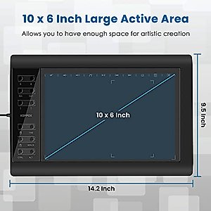XOPPOX Graphics Drawing Tablet 10 x 6 Inch Large Active Area with 8192 Levels Battery-Free Pen and 12 Hot Keys, Compatible with PC/Mac/Android OS for Painting, Design & Online Teaching