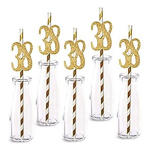 38th Birthday Paper Straw Decor, 24-Pack Real Gold Glitter Cut-Out Numbers Happy 38 Years Party Decorative Straws