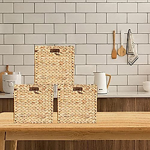 VK Living Foldable Handwoven Water Hyacinth Storage Baskets Wicker Cube Baskets Rectangular Laundry Organizer Totes for Bedroom, Living Room,Nursery Room, Shelves, Pantry 4 Pack 11.8x11.8x11.8inch