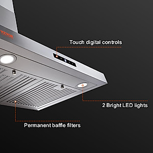 VBENLEM Wall Mount Range Hood, Ductless Chimney-Style Kitchen Stove Vent, Stainless Steel Permanent Filter with 3-Speed Exhaust Fan, 2 Baffle Filters, LED Lights, Touch Control Panel (30 inch)