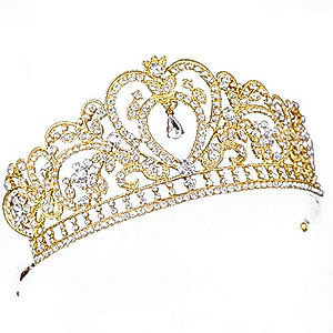 Gold Crown Cake Topper Girls Princess Queen Tiara Summer Wedding Bride Bridal Crown Rhinestone Royal Clear Austrian Crystal Party Headband Cake Topper, 6" Diameter