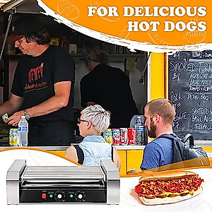 Yexiya 110V Electric Hot Dog Roller Machine Stainless Steel Grill Cooker Machine 7 Rollers Hot Dog Warmer with Oil Brush, Clip, Dishcloth and 100 Pcs Bamboo Sticks for Kitchen Canteen House Restaurant