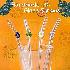 KIGOTWIN Reusable Glass Straw with Flower ,Colorful Shatter Resistant Bend Straws Cocktails Bar Accessories with Cleaning Brush (8), Blue,Green,White,Grey,Pink,Purple