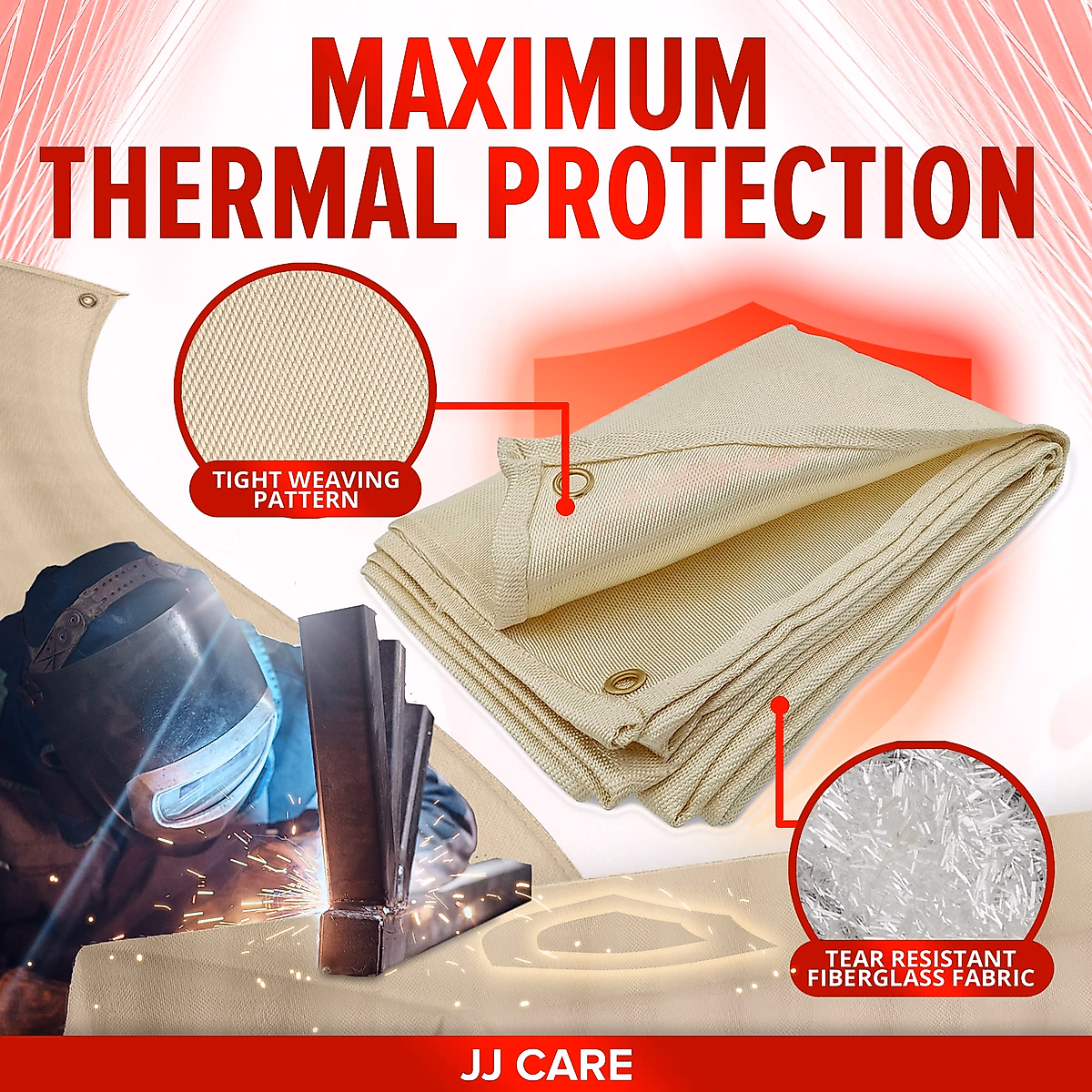 JJ CARE Welding Blanket - 2 Packs 6ft x 8ft Welding Mat - 850GSM Fiberglass Welding Blanket with Brass Grommets, Welders Blanket for Grill, Smoker Welding Blanket Heavy Duty, Welding Tarp & Shield