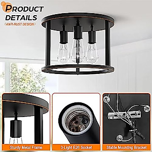 APOTO 3-Lights Semi Flush Mount Ceiling Light Fixture,Black Hallway Light Fixture,Industrial Light Fixture Ceiling Mount,Farmhouse Close to Ceiling Lamp for Entryway Kitchen,Bulb not Included, 2 Pack