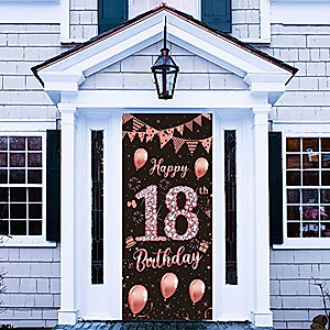 Lnlofen 18th Birthday Door Banner Decorations for Girls, Large 18 Year Old Birthday Party Door Cover Backdrop Supplies, Happy Eighteen Birthday Poster Sign(Rose Gold)