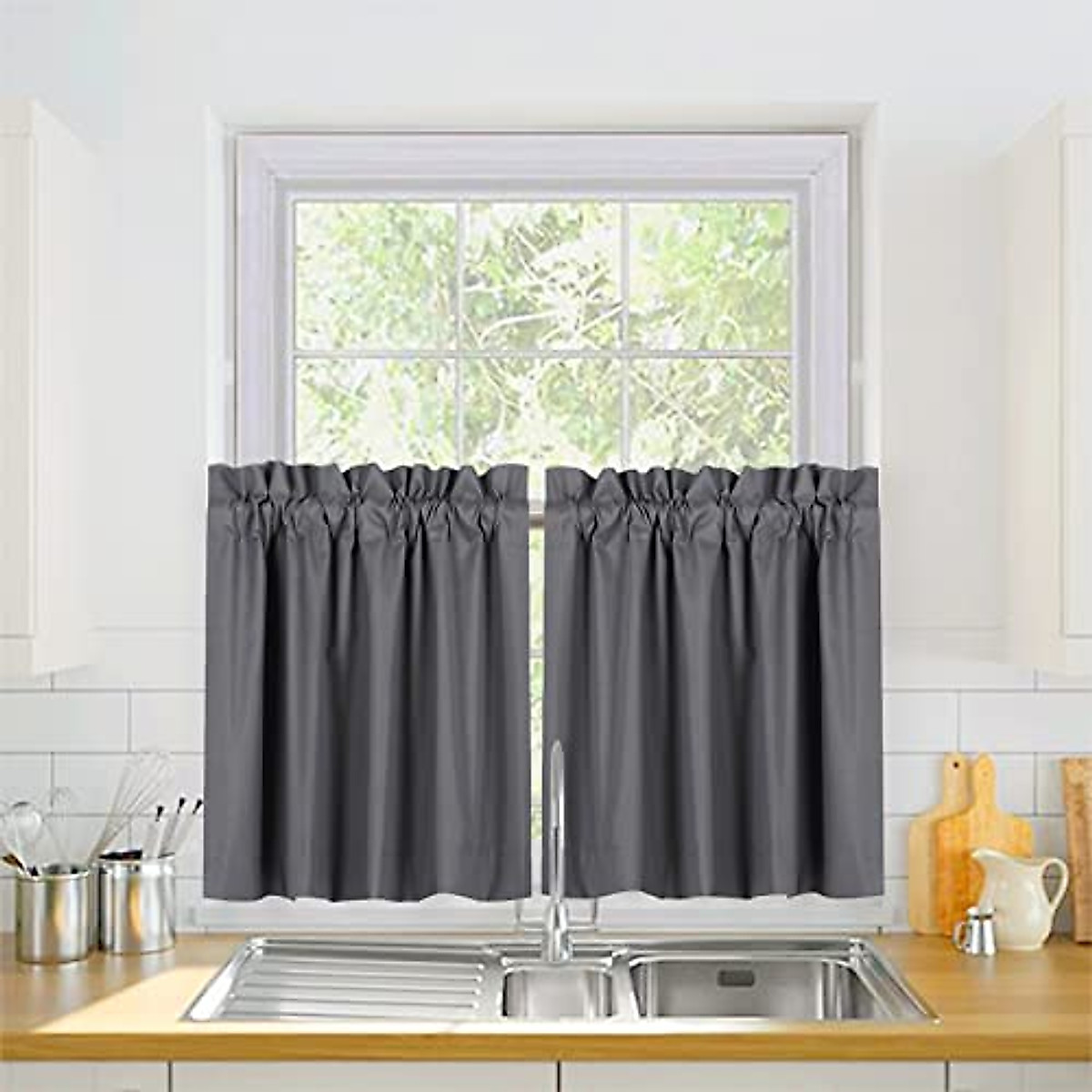 Valea Home Blackout Tiers Curtain for Small Window Rod Pocket Kitchen Curtains Room Darkening Short Curtains for Bedroom, Grey, 30 inch x 24 inch, 2 Panels