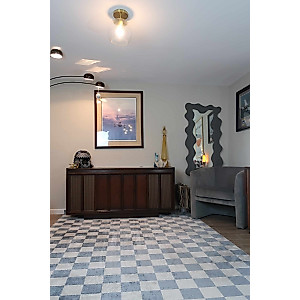 Hauteloom Brone Contemporary Checkered Area Rug - Modern Geometric Bordered Carpet for Living Room, Bedroom, Dining Room - Checkboard Design - Square Tiles - Blue, Ivory - 5'3" x 7'