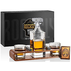 ROCKSLY Whiskey Stones Gift Set for Men | Whiskey Decanter Set With Wood Stand | Bourbon Decanter with Scotch Glasses, 8 Granite Whiskey Stones| Ideal For Whiskey Lovers | Gift Set For Dad, Boyfriend