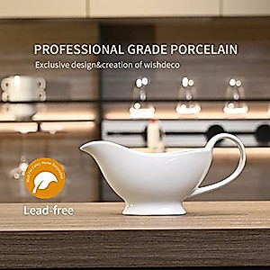 WishDeco White Gravy Boat, 8oz Ceramic Gravy Jug, Small Sauce Jug with Smooth Handle, Porcelain Sauce Boat for Salad Dressing, Broth, Cream, Milk