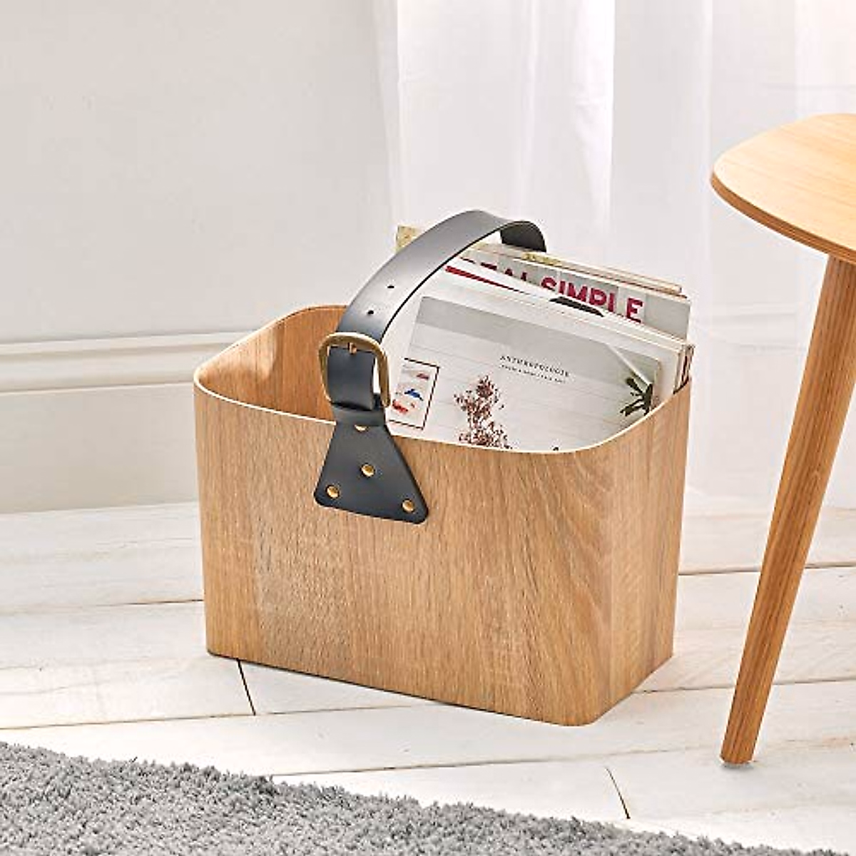 mDesign Rectangle Basket Tote Bin Organizer with Attached Handle for Magazines, Blankets, Throws - Portable - Natural
