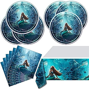 2023 Little Mermaid Party Decorations,Black Princess Mermaid Party Tableware Set Include 20Plate 20Napkins And 1 Tablecovers For Under The Sea Mermaid Movie Themed Birthday Party Decorate Supplies