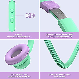 Cowyawn Toddler Headphones Ultra Light Comfort Kids Headphones, Rotatable Wired Headphones with Microphone for Toddlers Kids for School Travel Airplane, 85dB/94dB Volume Limit 3.5mm Jack, Green/Purple